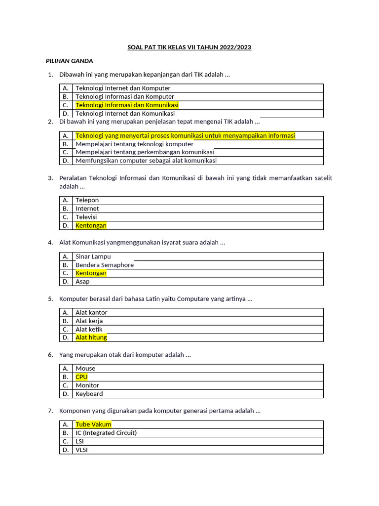Soal Pat Tik Kelas Vii Tahun 2022-2023 | PDF