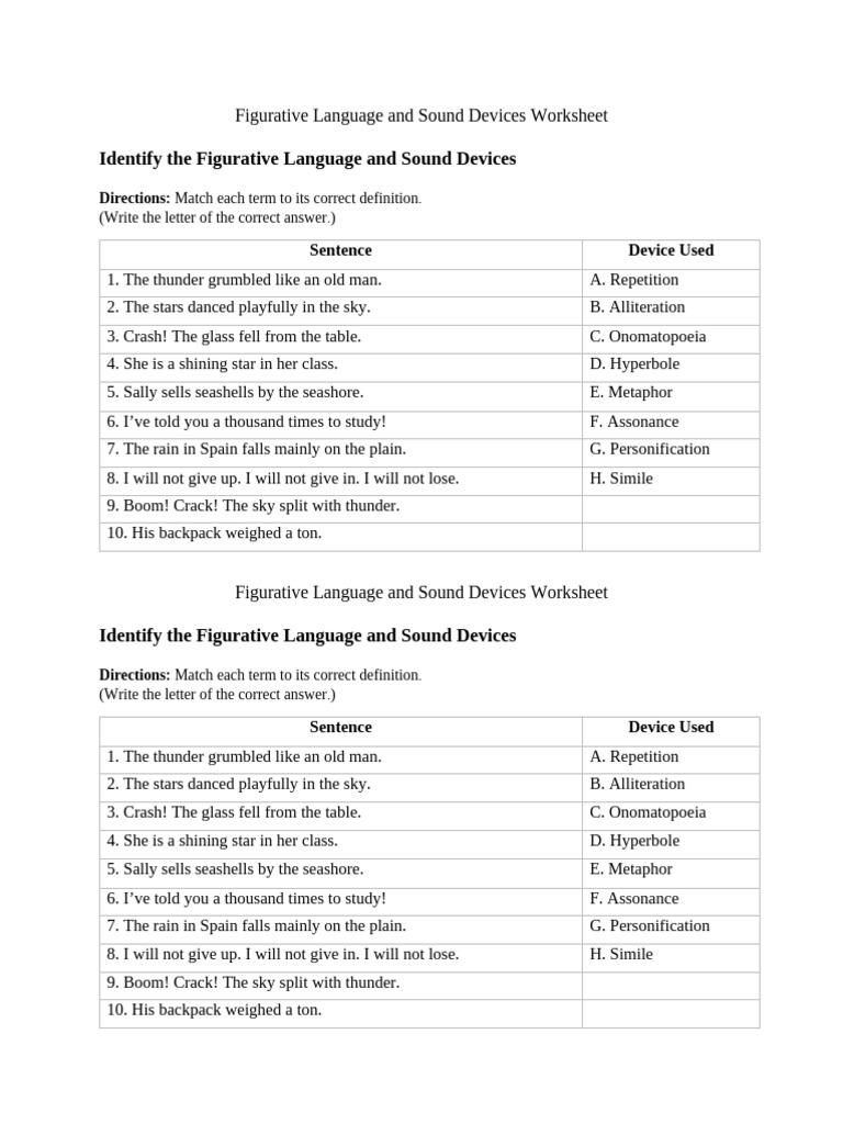 Figurative Language and Sound Devices Worksheet | PDF