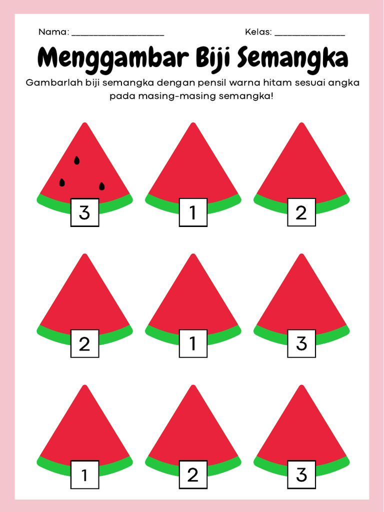 Menggambar Biji Semangka Lembar Kerja Pink Putih Gambar Datar | PDF
