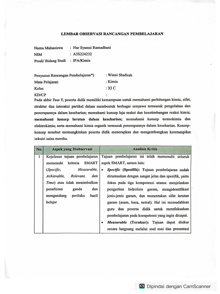 LK 3 Lembar Observasi RPP Mandiri 4 - A3s224232 - Nur Syamsi Ramadhani | PDF