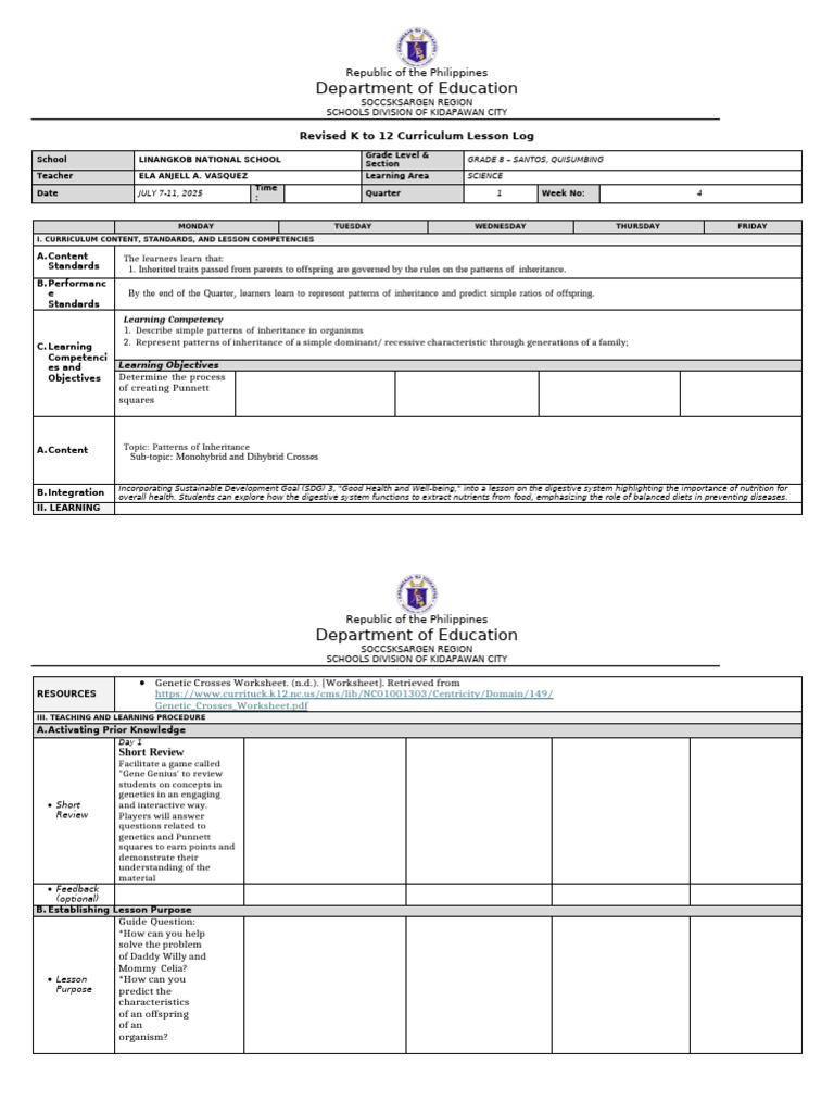 Grade 8 Science Lesson Log: Genetics | PDF | Dominance (Genetics ...
