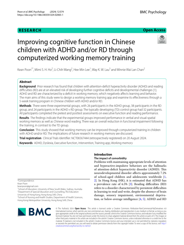Improving Cognitive Function in Chinese Children With ADHD | PDF ...