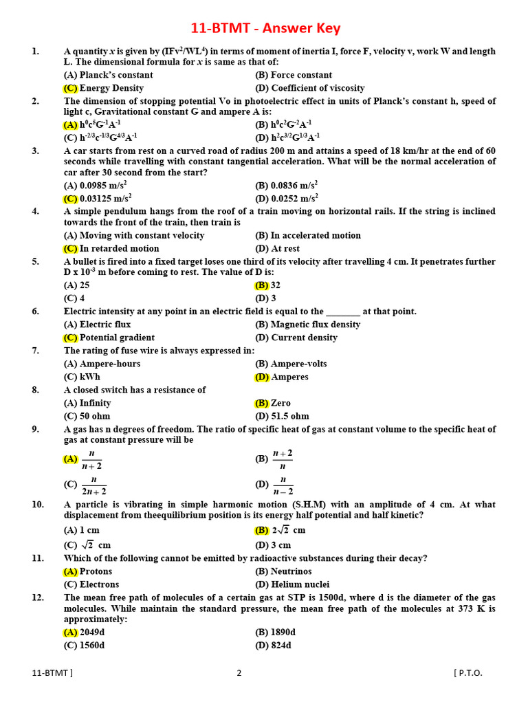 11 BTMT Answer Key | PDF | Amine | Organic Chemistry
