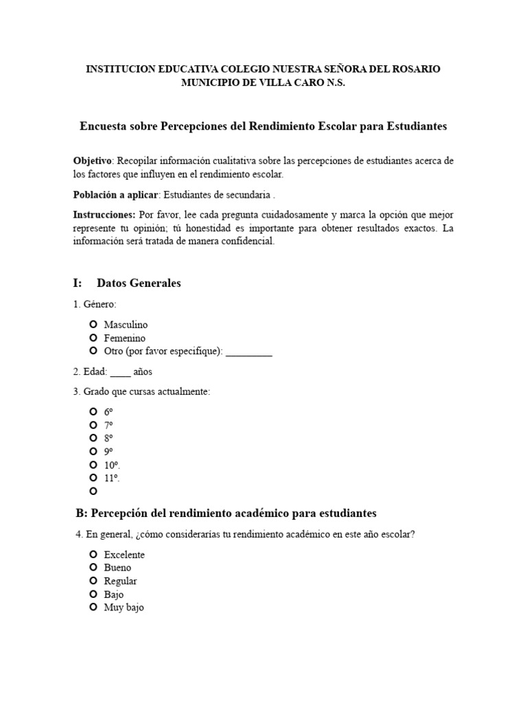 Encuesta sobre Rendimiento Escolar Estudiantil | PDF | Enseñando ...