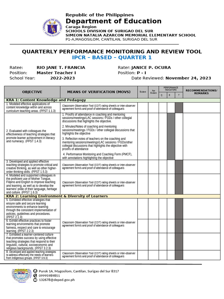 Quarterly Performance Monitoring Review Tool HP Portrait | PDF ...