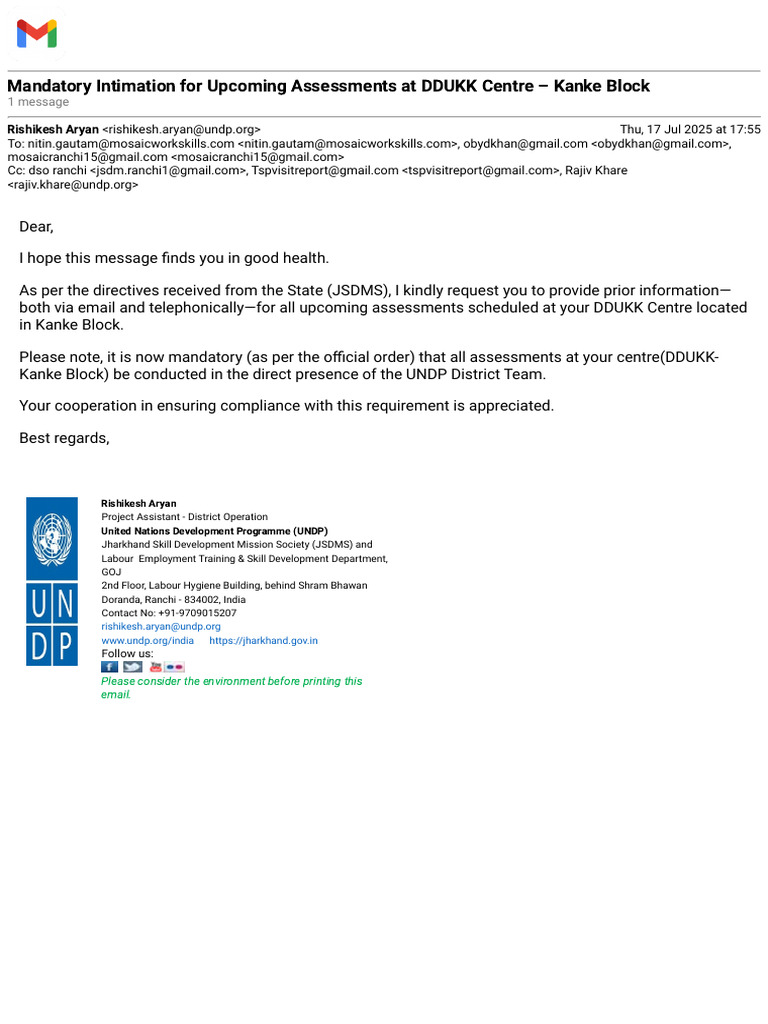 Gmail - Mandatory Intimation For Upcoming Assessments at DDUKK Centre ...