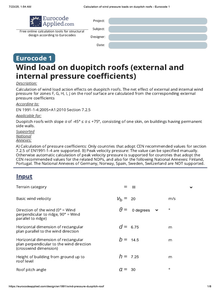 Calculation of Wind Pressure Loads On Duopitch Roofs - Eurocode 1 | PDF ...