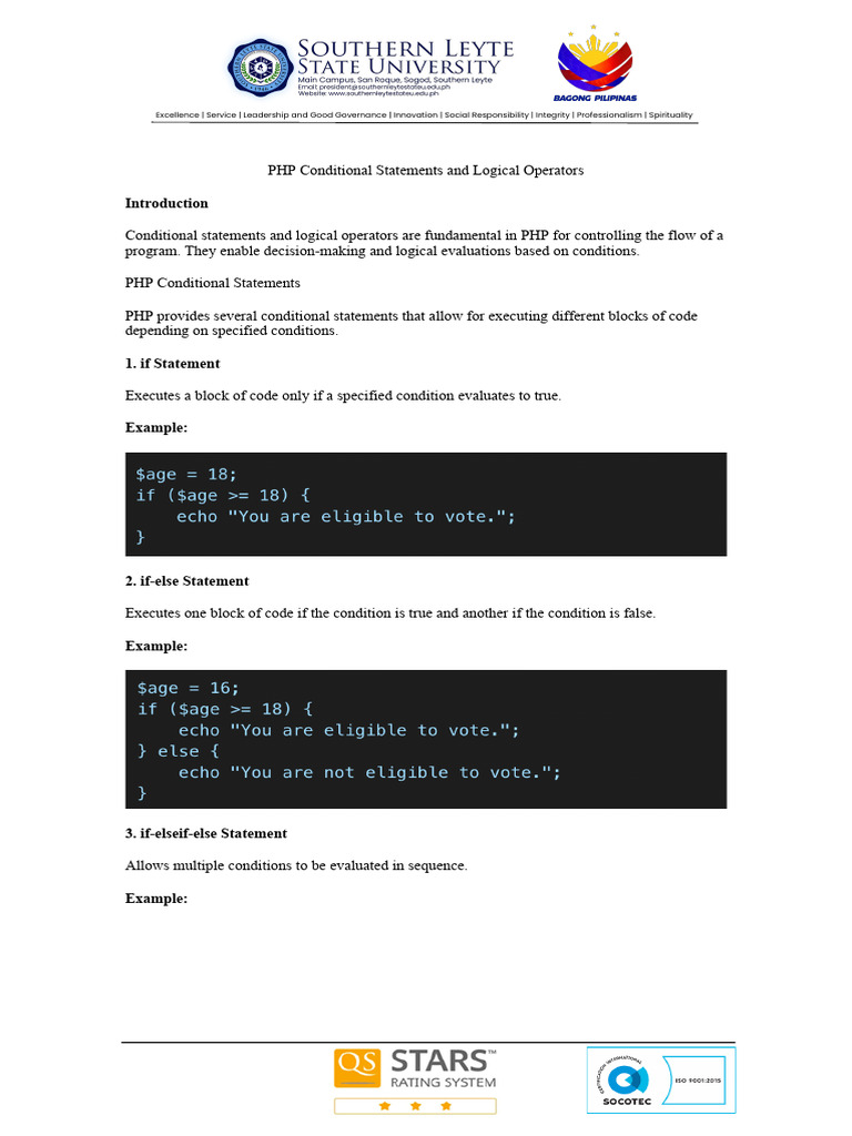 PHP Conditional Statements and Logical Operators | PDF