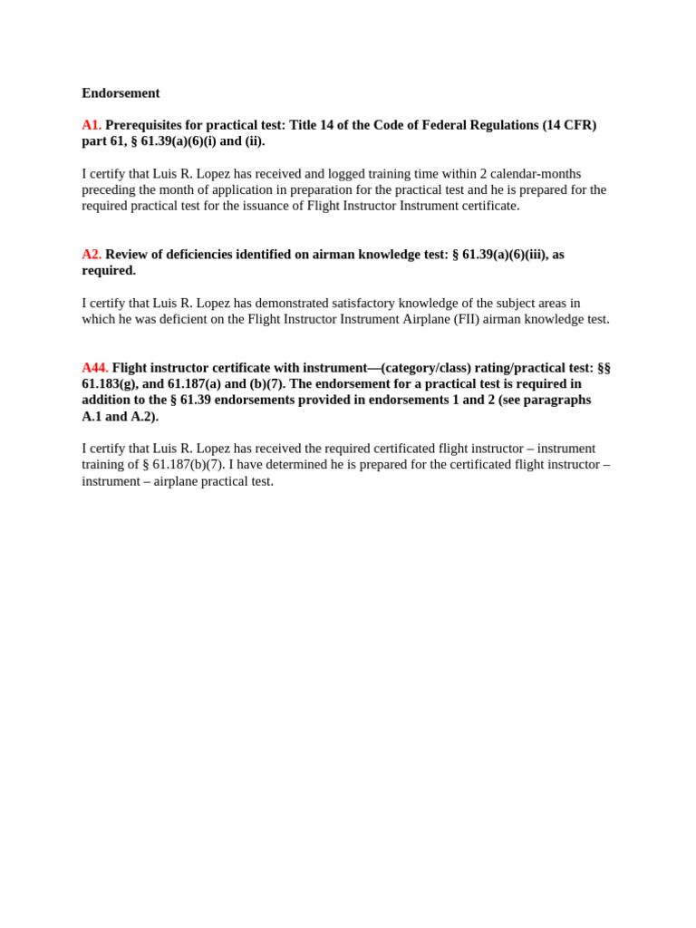 CFII Endorsement Requirements Summary | PDF