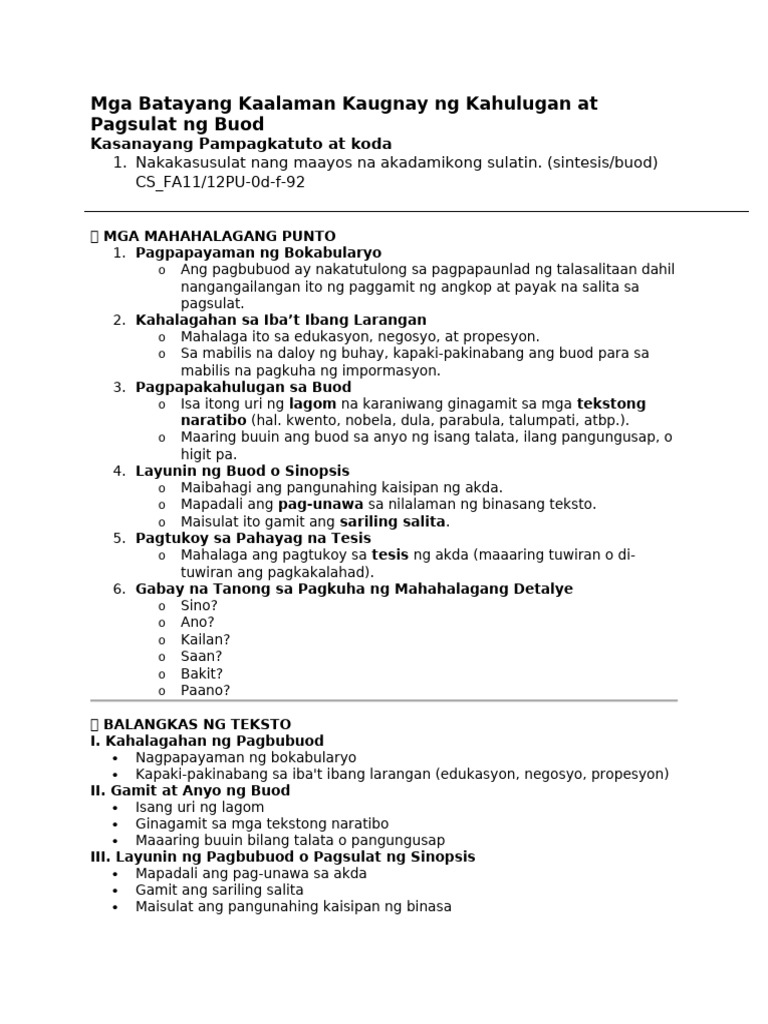 Mga Batayang Kaalaman Kaugnay NG Kahulugan at Pagsulat NG Buod ARALIN ...