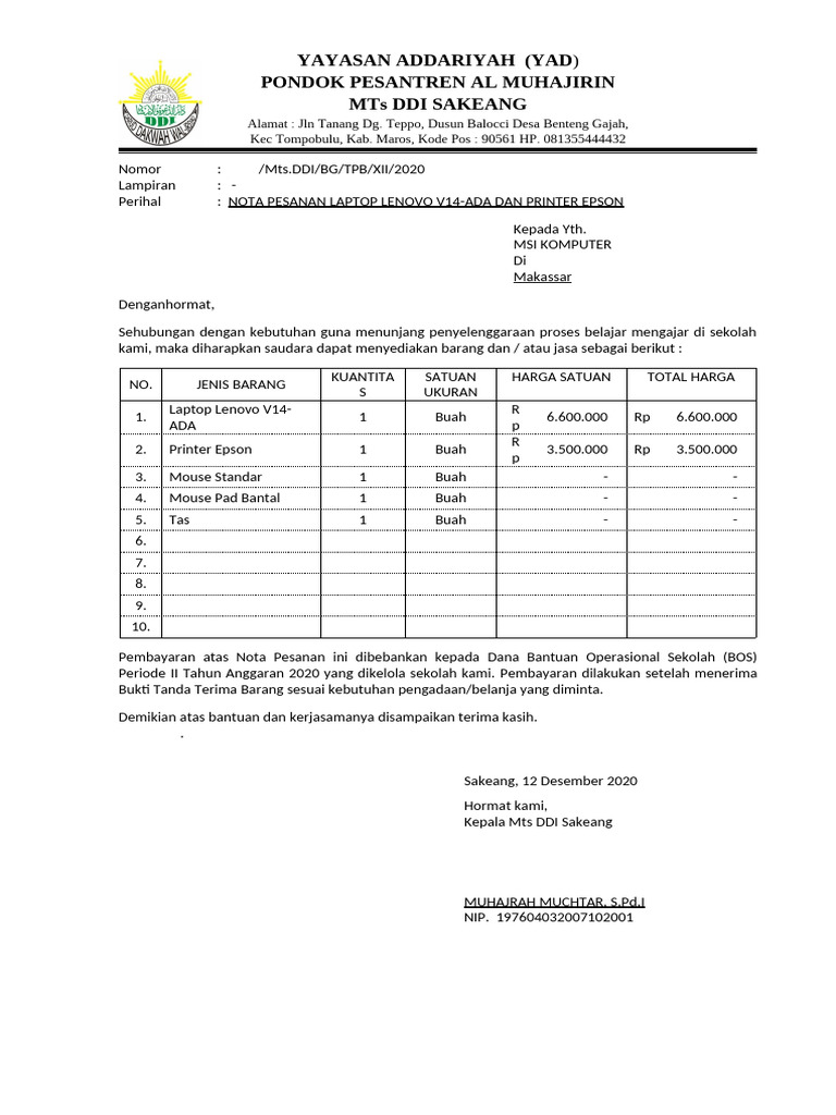 Nota Pesanan Peralatan Sekolah YAD | PDF