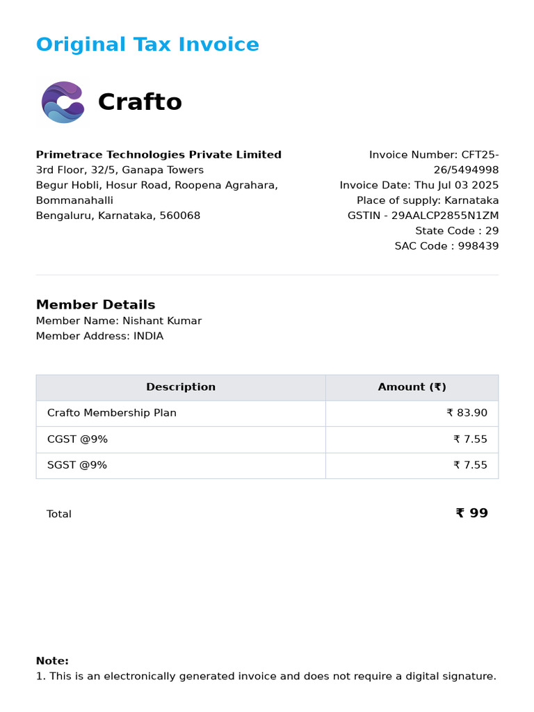 Crafto: Original Tax Invoice | PDF
