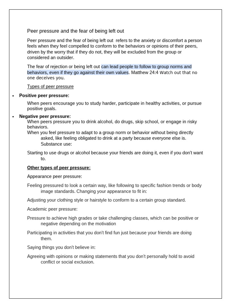 Peer Pressure and The Fear of Being Left Out | PDF | Self Esteem | Fear