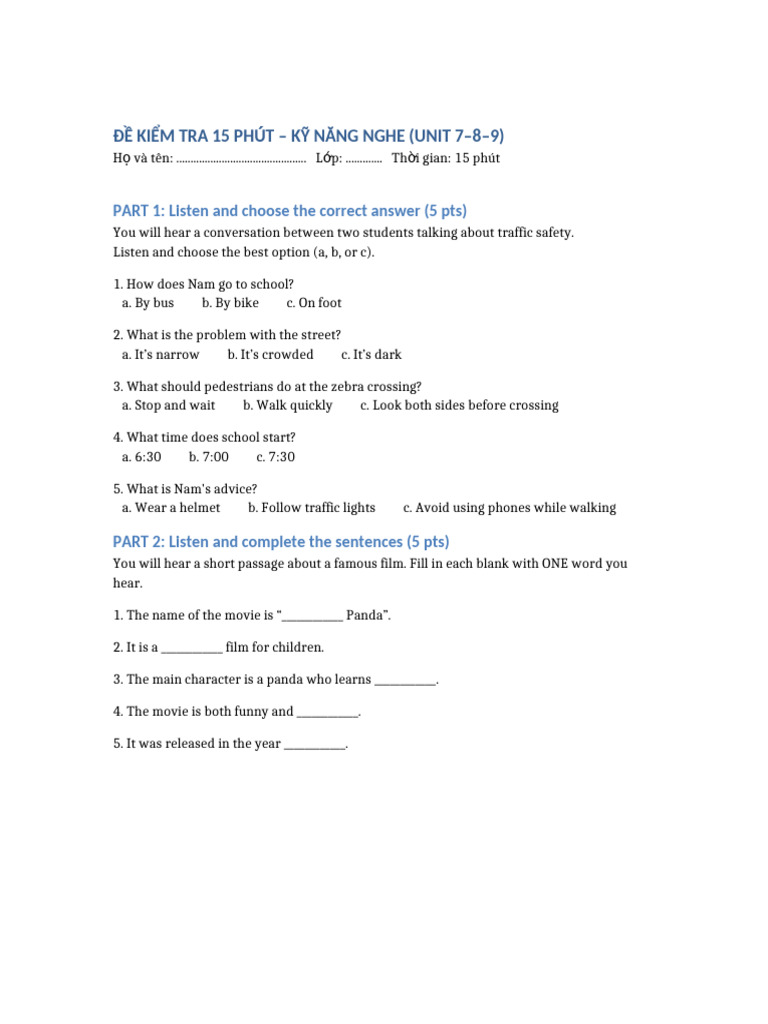 De Kiem Tra Listening Unit 7 8 9 | PDF
