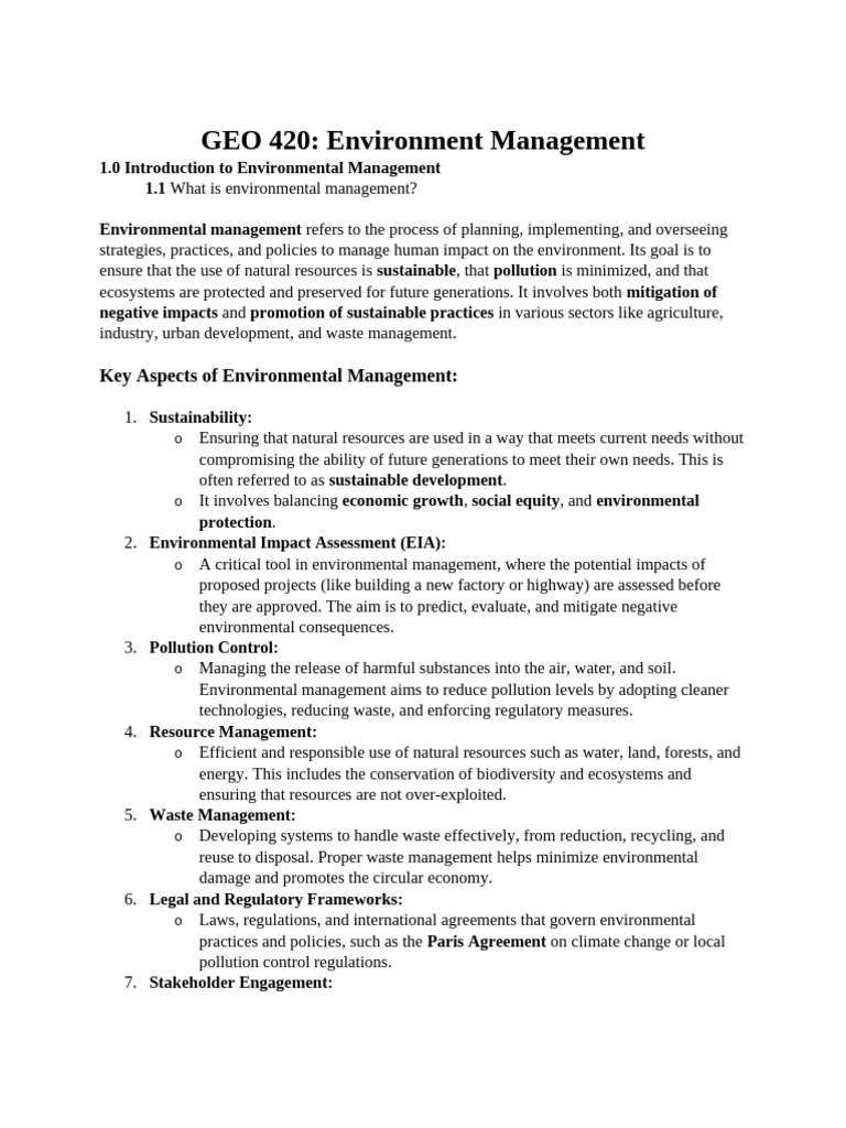 GEO 420 - Environment Management Notes - Fdraft | PDF | Sustainability ...