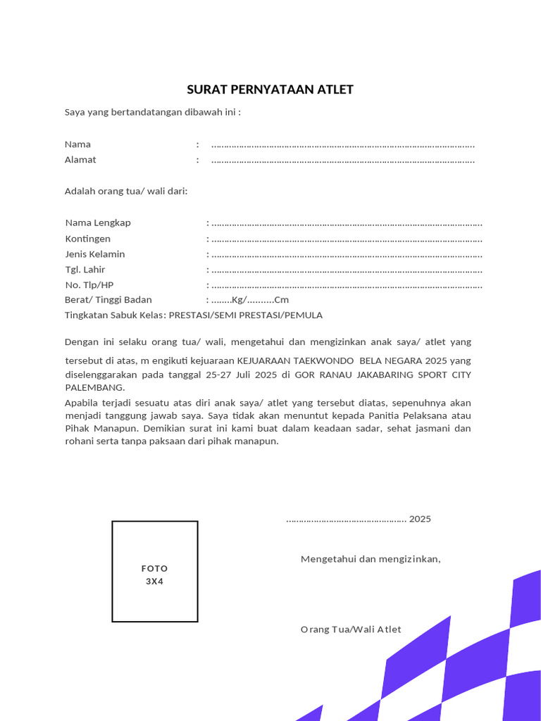 Surat Pernyataan Atlet Bela Negara 2025 | PDF