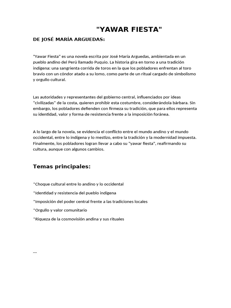 Yawar Fiesta: Tradición Andina y Conflicto | PDF