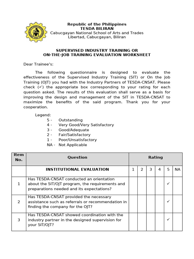Supervised Industry Training or On The Job Training Evaluation ...