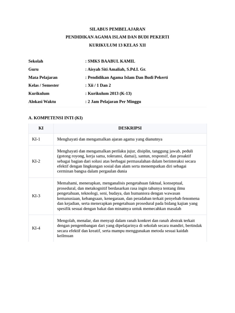 Pai Kelas Xii Silabus Pembelajaran | PDF