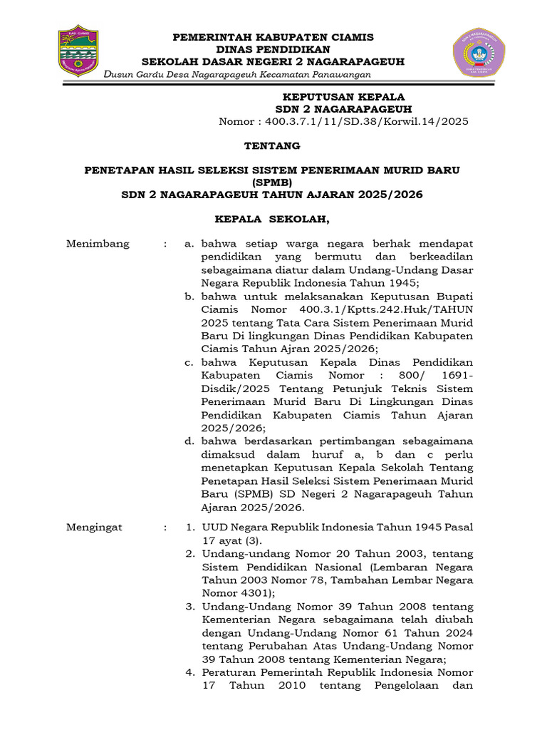 Surat Penetapan SPMB | PDF