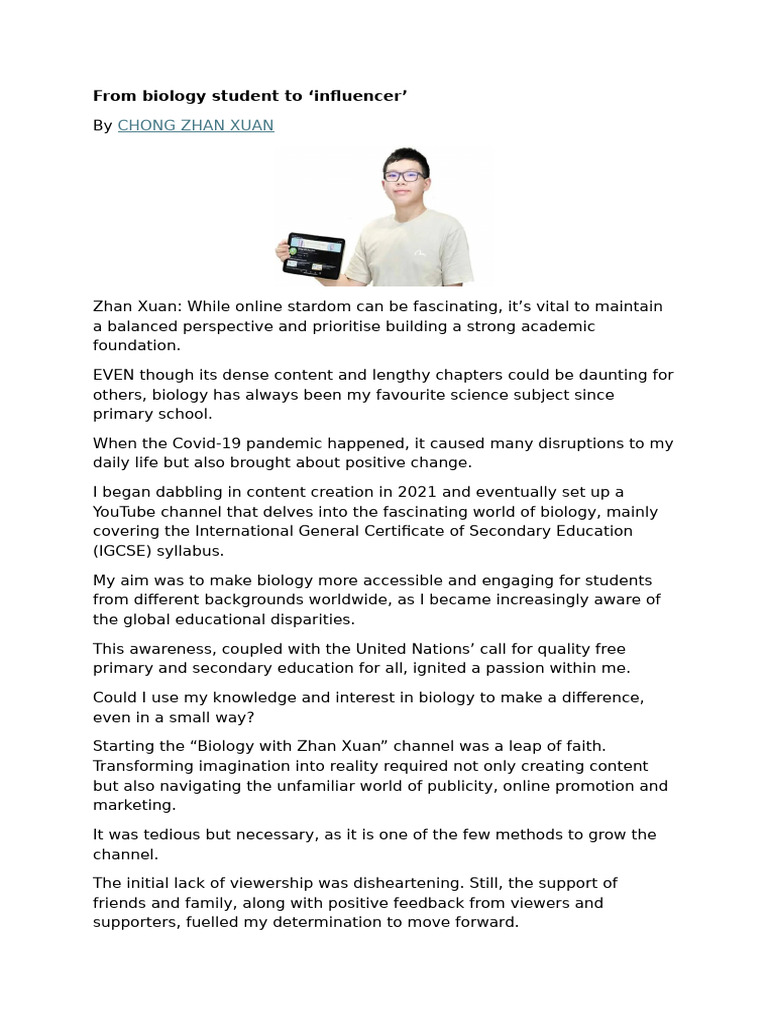 Zhan Xuan's Journey as a Biology Influencer | PDF | Cognition