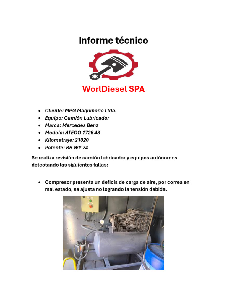 Informe Tecnico Camion Lubricador Mercedes Benz Patente RB Wy 74 Cliente MPG | PDF