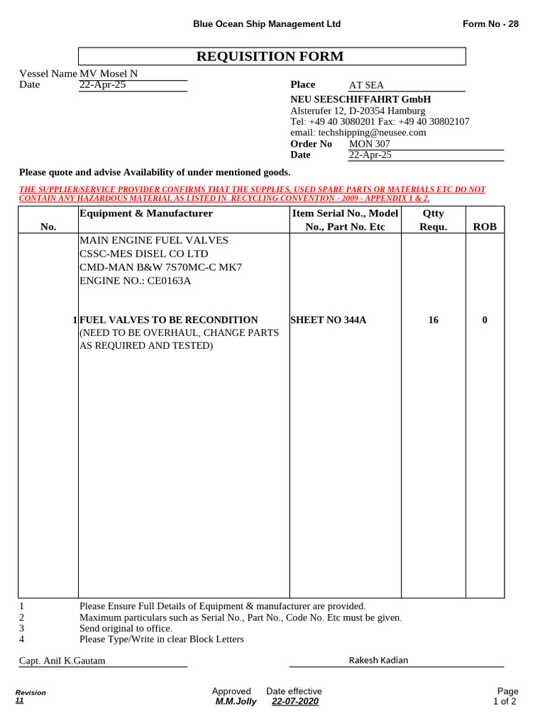 MV Mosel N Fuel Valve Requisition Form | PDF | Shipping
