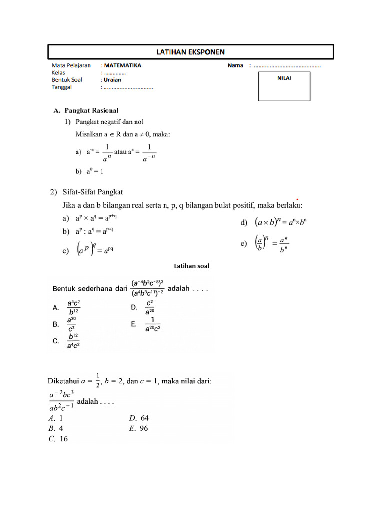 Latihan Soal Eksponen Kelas 10 | PDF