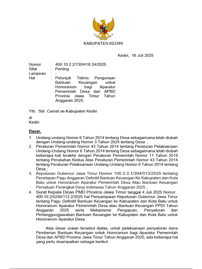 Surat Sekda Juknis Honorarium Aparatur Desa Bk-Desa Tahun 2025 | PDF