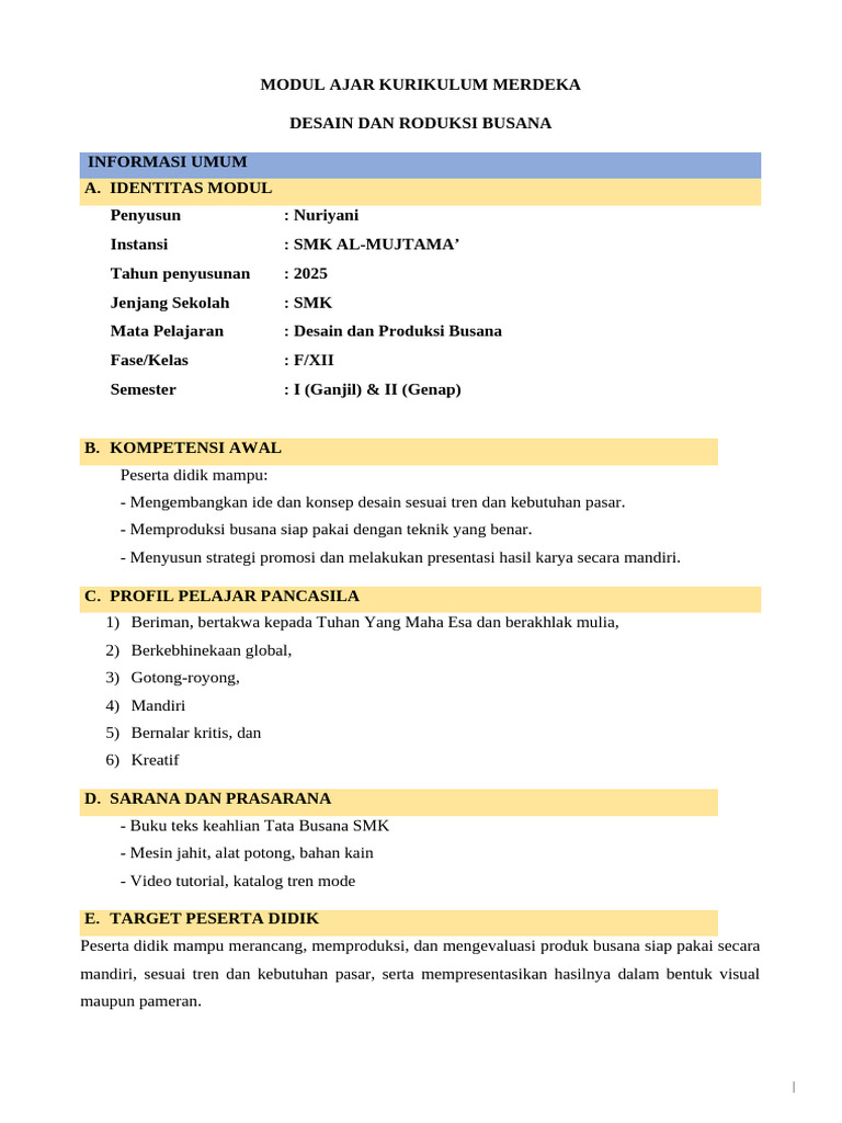 Modul Ajar Kurmer Busana Kelas 12 | PDF