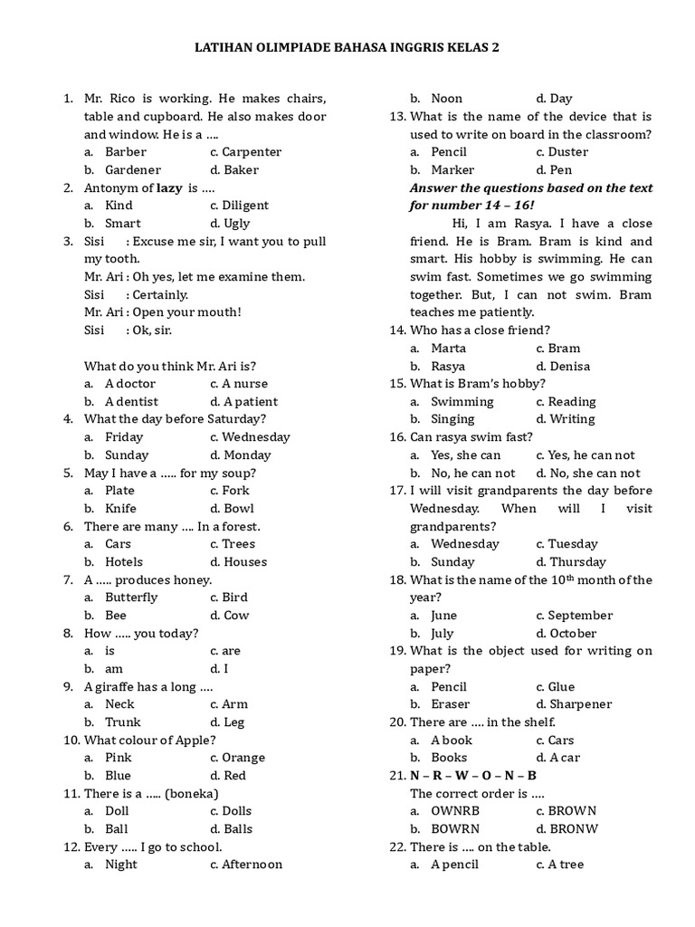 Soal Olimpiade Eng Kls 2 | PDF