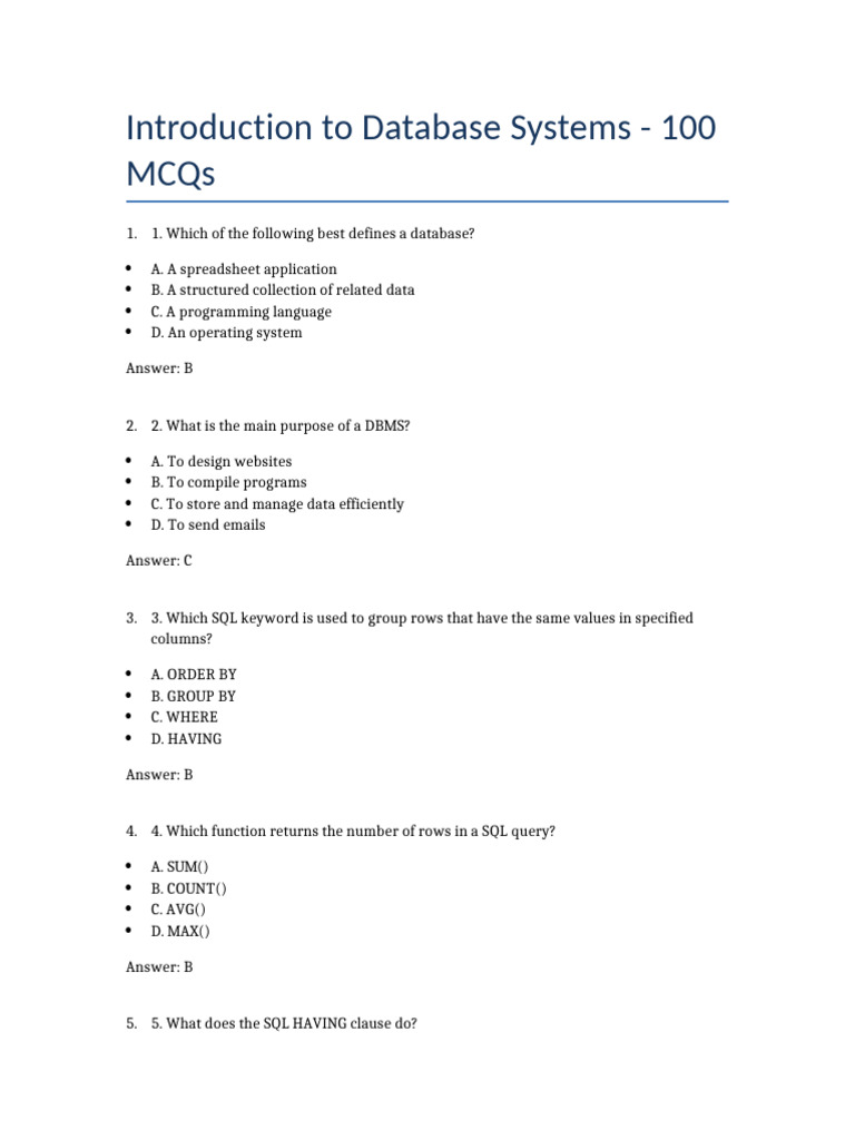 Introduction To Database Systems 100 MCQs Complete | PDF | Databases | Sql