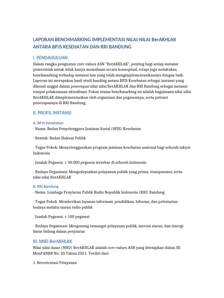 Laporan Benchmarking BerAKHLAK BPJS RRI | PDF