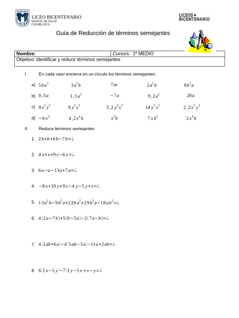 Reducción de Términos Semejantes en Matemáticas | PDF