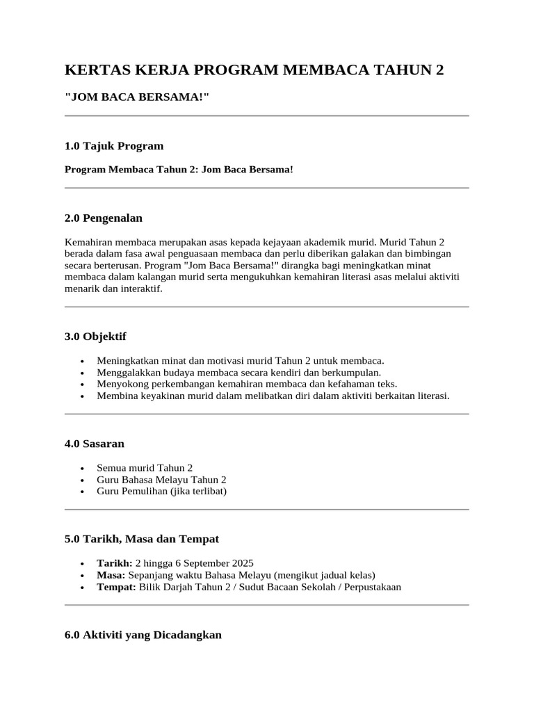 Kertas Kerja Program Membaca Tahap 1 | PDF