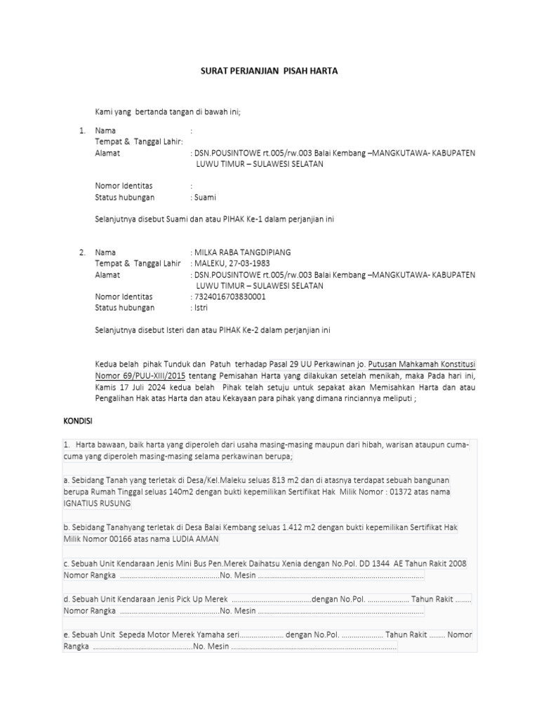 Contoh Surat Perjanjian Pisah Harta | PDF