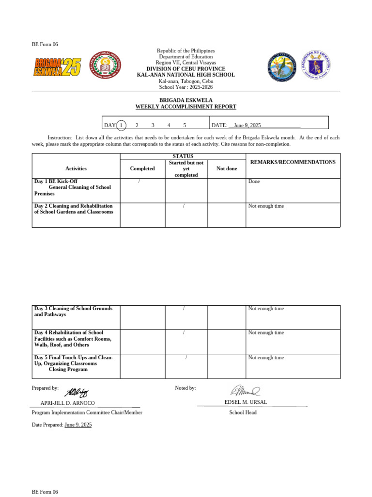Be Form 6 Knhs Daily Accomplishment Report 1 2025 | PDF