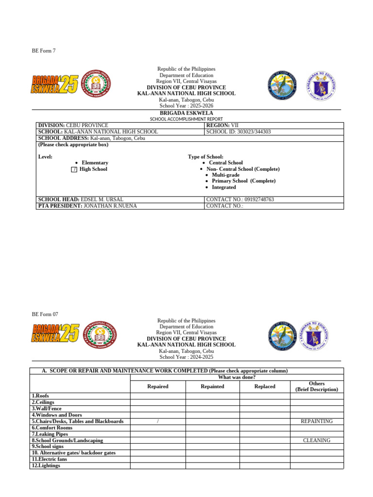 Be Form 7 Knhs School Accomplishment Report 2025 | PDF