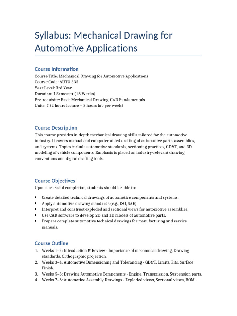 Automotive Mechanical Drawing Syllabus | PDF | Technical Drawing ...