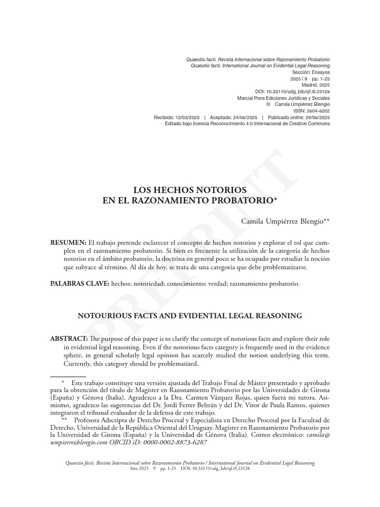 Umpierrez Los Hechos Notorios en El Razonamiento Probatorio | PDF | Verdad | Caso de ley