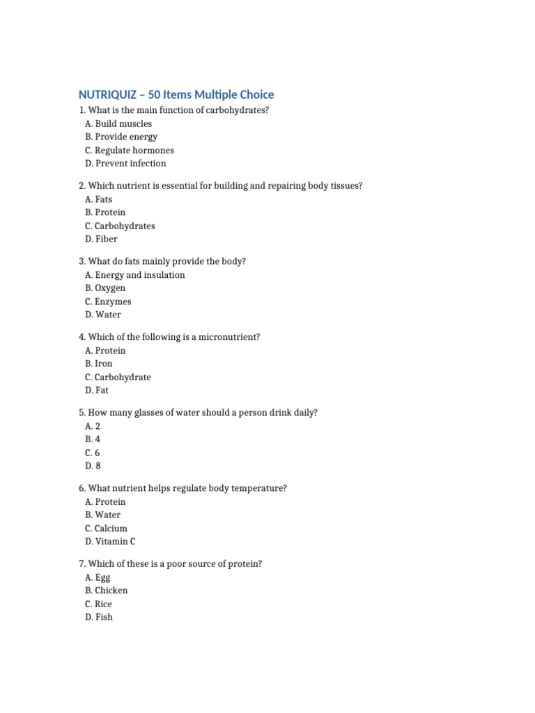 NutriQuiz 50 Items Multiple Choice | PDF | Vitamin | Foods