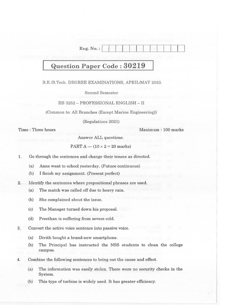 Professional English II - HS3252 2021 Regulation - Question Paper 2023 ...