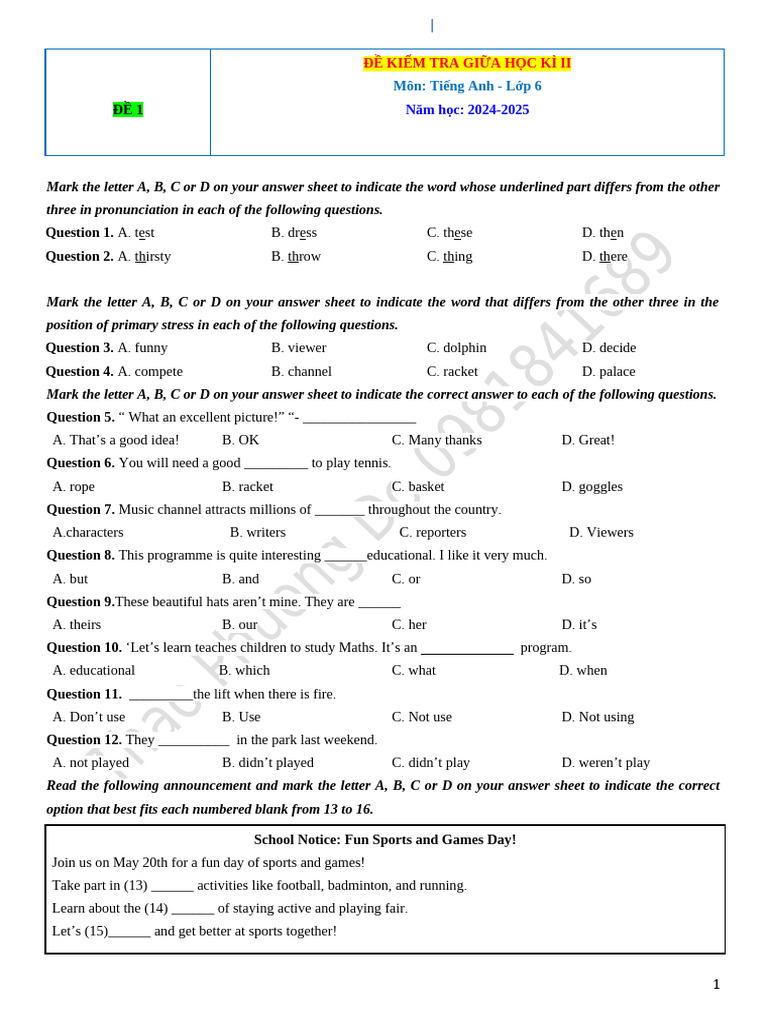 De Kiem Tra Giua HK2 Tieng Anh 6 Global 24 25 | PDF | Sydney