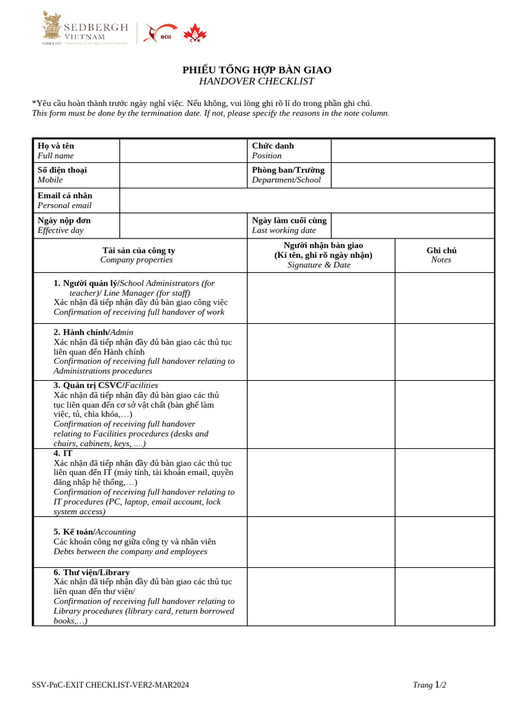 SSV PNC Exit Checklist Ver2 Mar2024 | PDF