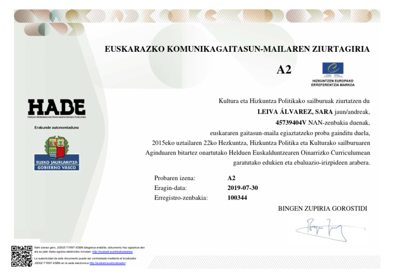 Sara Leiva Ziurtagiria A2 | PDF