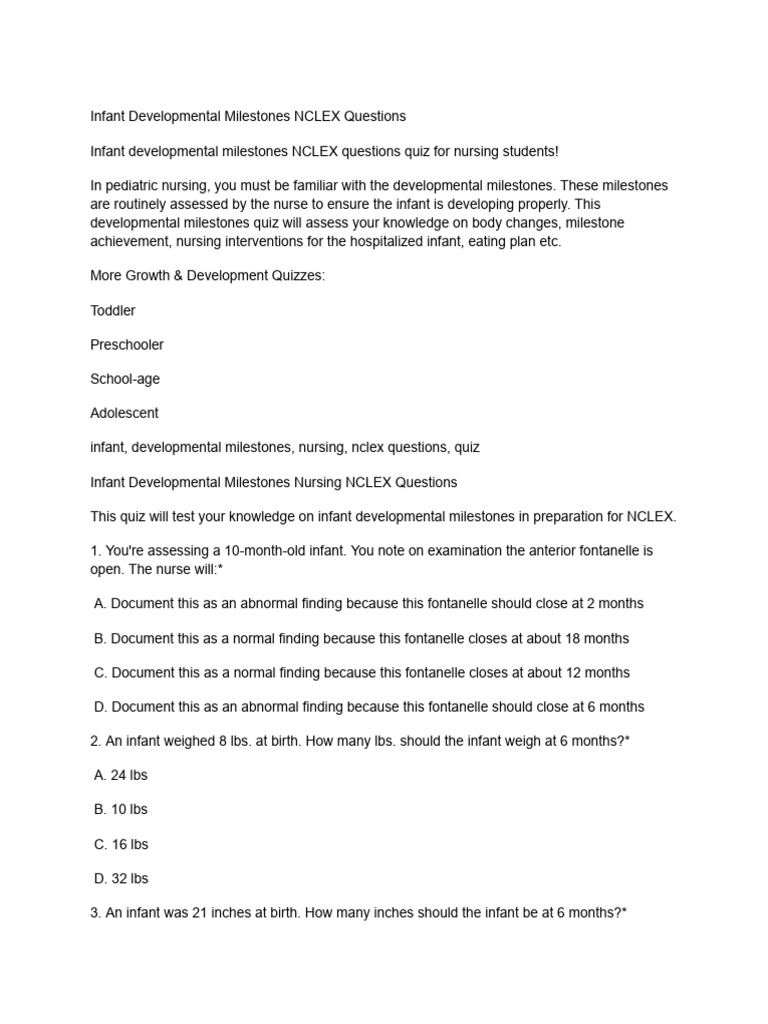 Infant Development Milestones Quiz | PDF | National Council Licensure ...