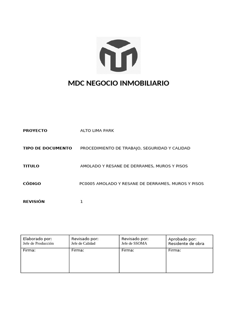 PC0005 Amolado y Resane de Derrames, Muros y Pisos MDC | PDF | Lavado ...