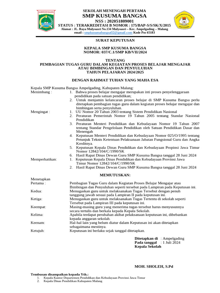 SK Pembagian Jam Mengajar | PDF