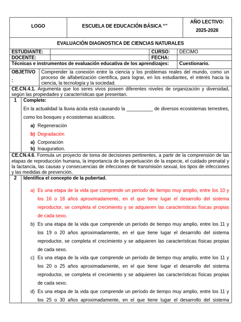 CCNN 10mo Evaluación - Diagnostico | PDF | Sistema inmune | Evolución