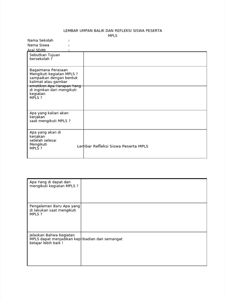 PDF Lembar Umpan Balik Dan Refleksi Siswa Peserta Mpls | PDF